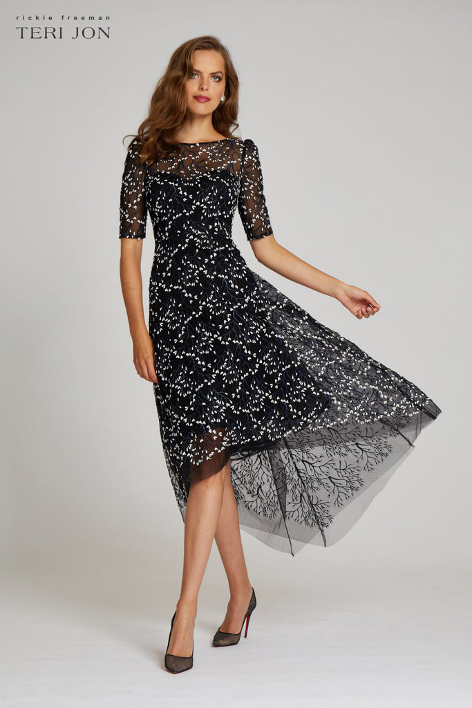 Lace Short Sleeve High Low Dress | Teri Jon – Terijon.com