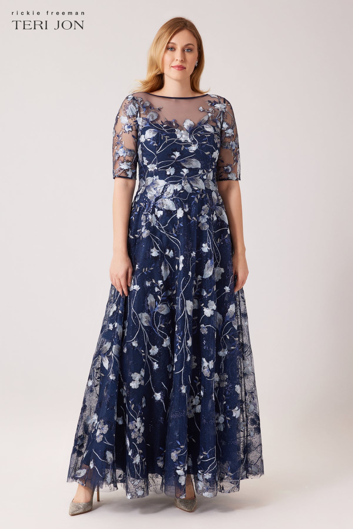 Embroidered Lace Illusion Gown With Elbow Sleeves – Terijon.com
