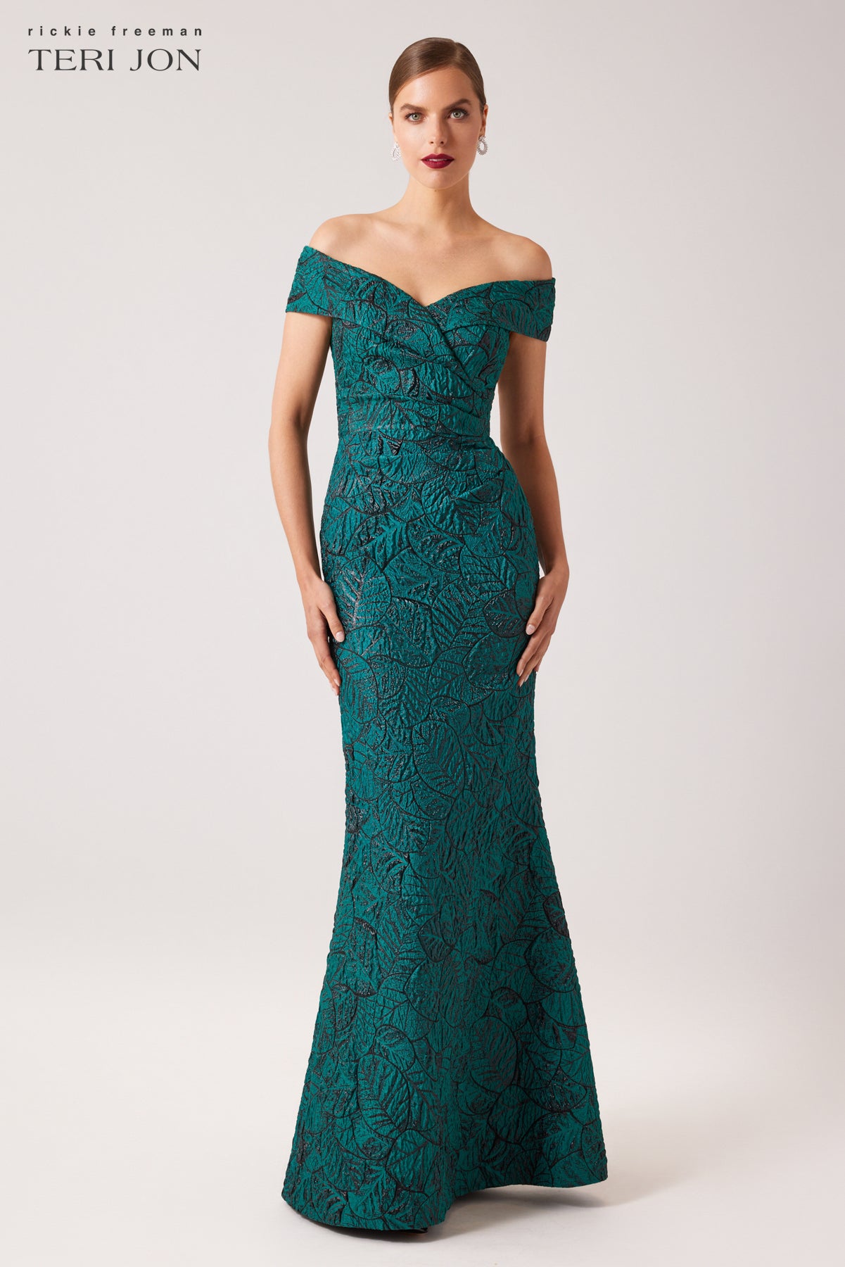 Metallic Jacquard Portrait Collar Side Drape Gown – Terijon.com