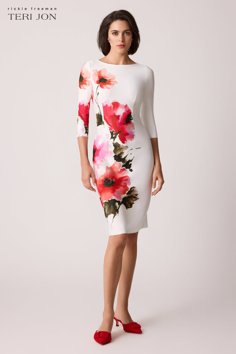 Scuba Floral Border Trim Dress – Terijon.com
