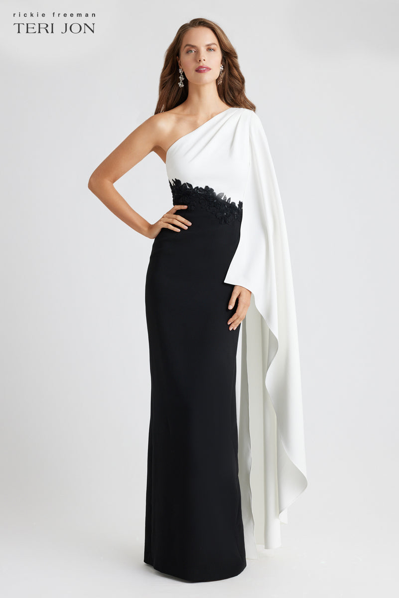 Crepe One Shoulder Drape Sleeve Gown – Terijon.com