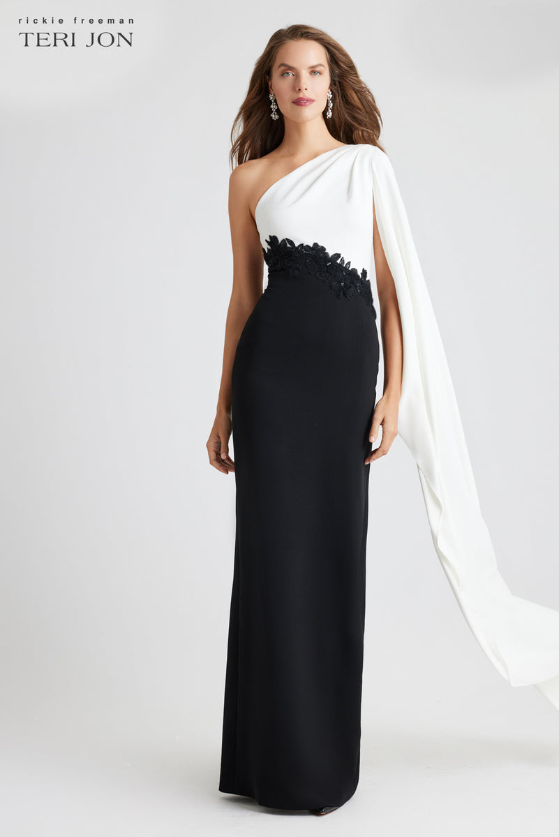 Crepe One Shoulder Drape Sleeve Gown – Terijon.com