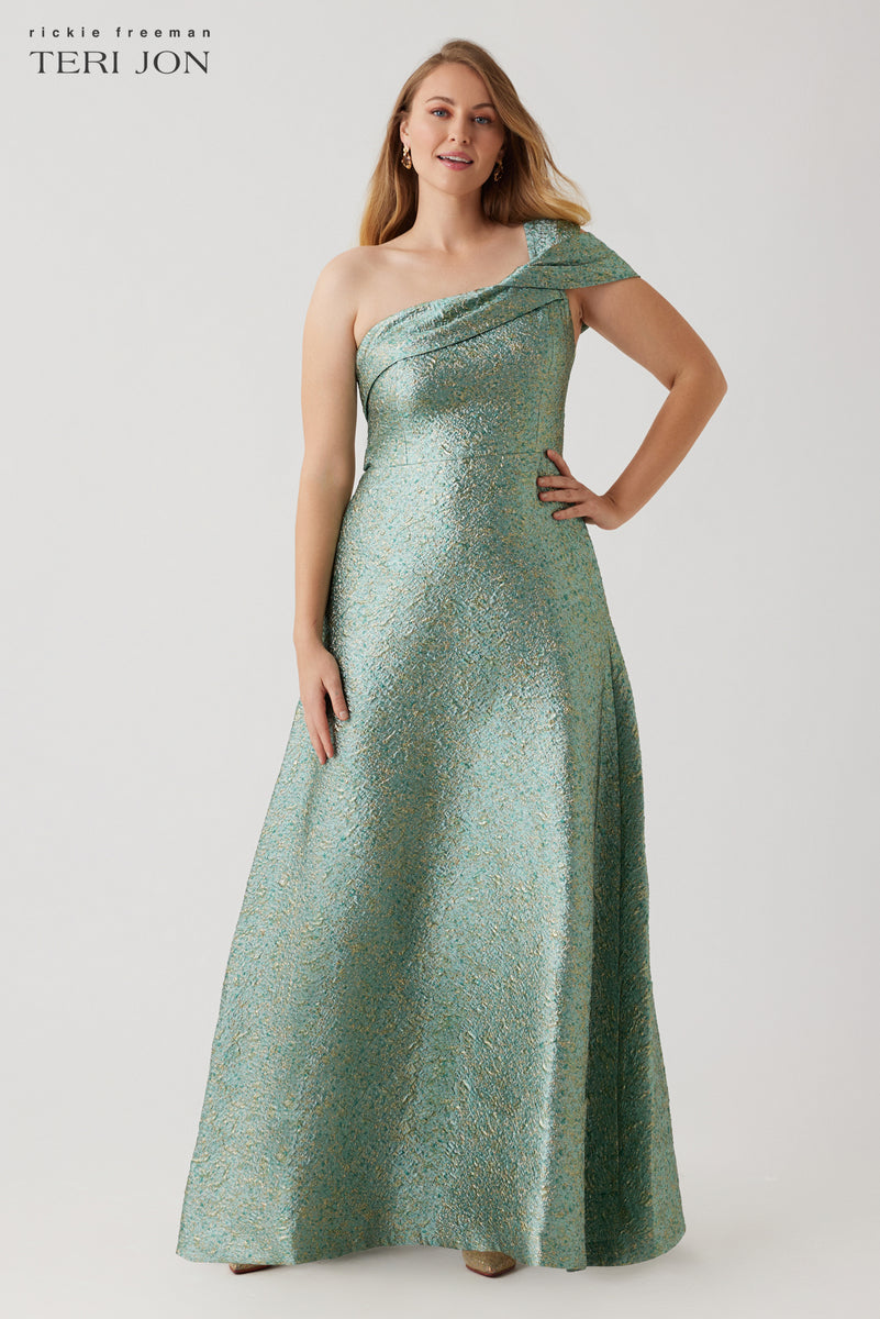 Metallic Jacquard Asymmetrical One Shoulder Evening Gown – Terijon.com