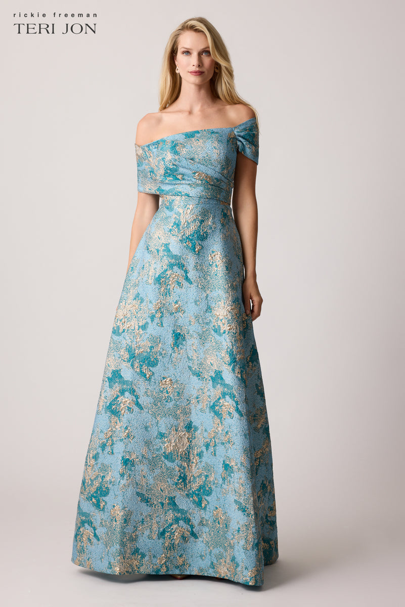 Metallic Jacquard Asymmetrical Off Shoulder Gown – Terijon.com