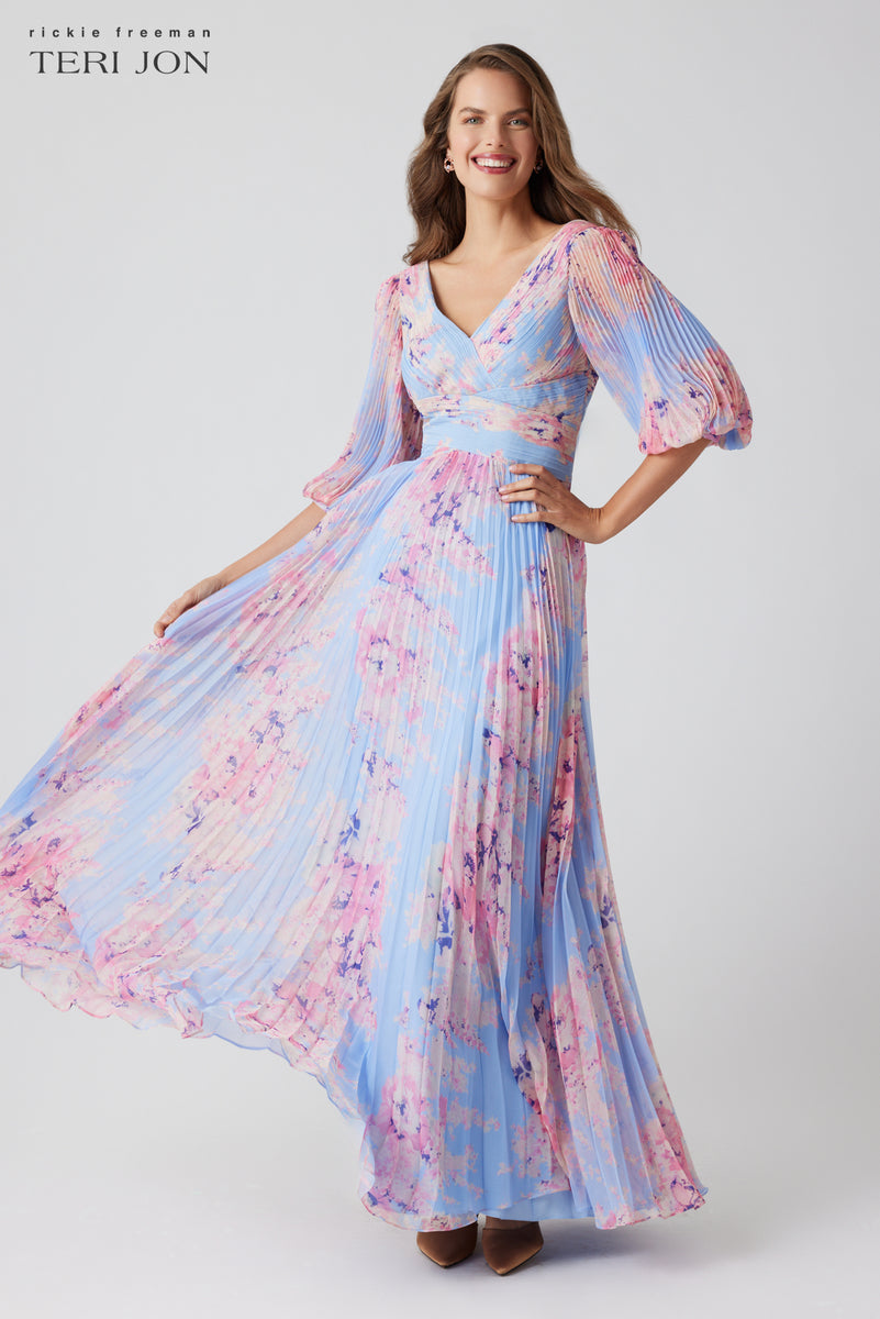 Printed Chiffon Pleated V Neck Gown – Terijon.com