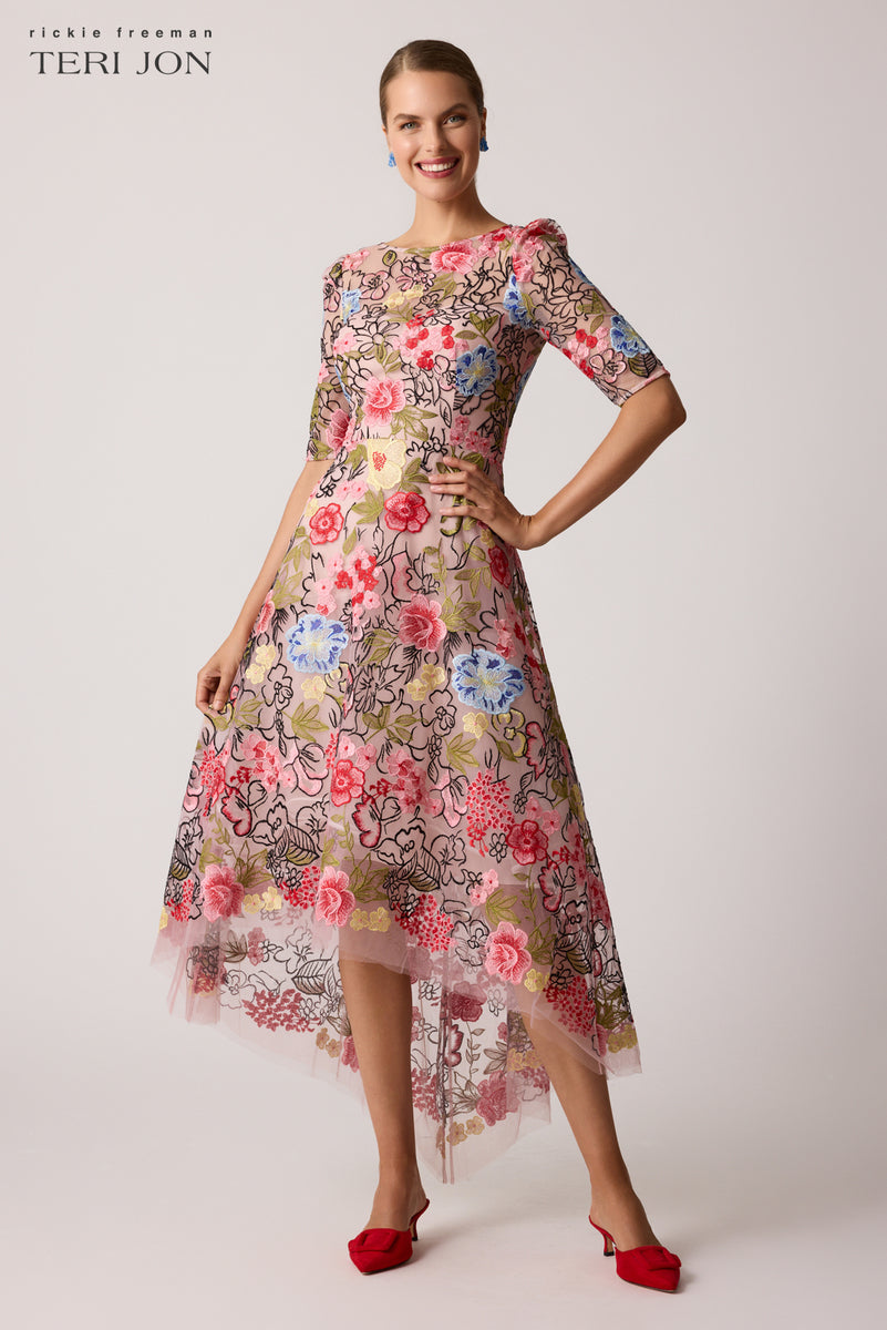 Embroidered Floral High Low Fit N Flare Dress – Terijon.com